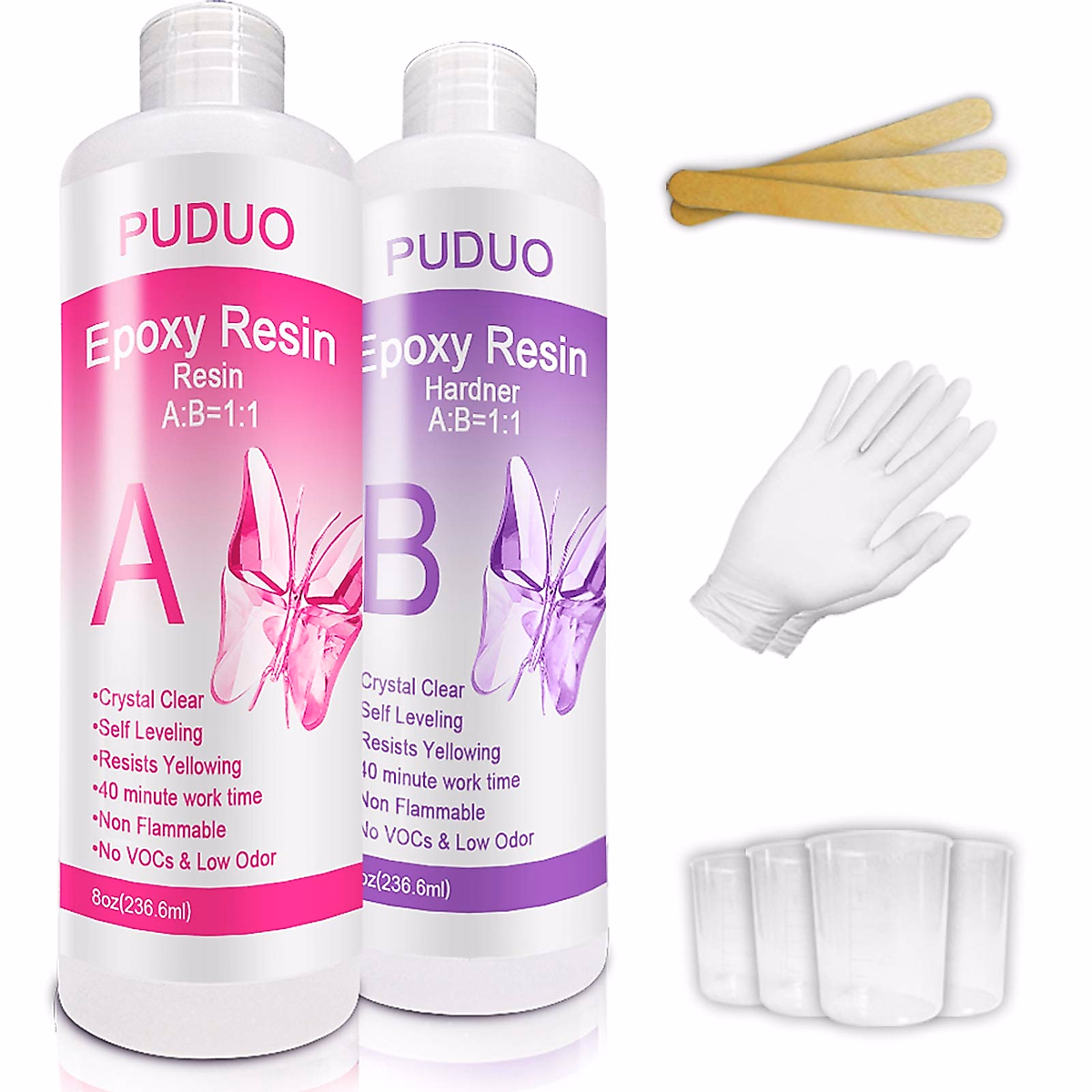 Epoxy Resin Crystal Clear Kit for Art, Jewelry, Crafts, Coating- 16 OZ Including 8OZ Resin and 8OZ Hardener | Bonus 4 pcs Measuring Cups, 3pcs Sticks, 1 Pair Rubber Gloves by Puduo