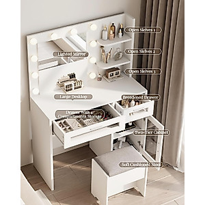 SECRET NATURAL Vanity Mirror with Lights Desk & Stool, Makeup Table Set with Drawers, Vanity Table for Bedroom with Storage Shelves & Acrylic Cabinet, 3 Lighting Modes Adjustable Brightness, White