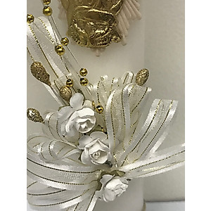 Baptism Candle Our Lady of Guadalupe Crystals Cross lace and Ribbon Favor,Christening,Blessing Day,Communion Candle,Christening Ceremony Candle (Gold)