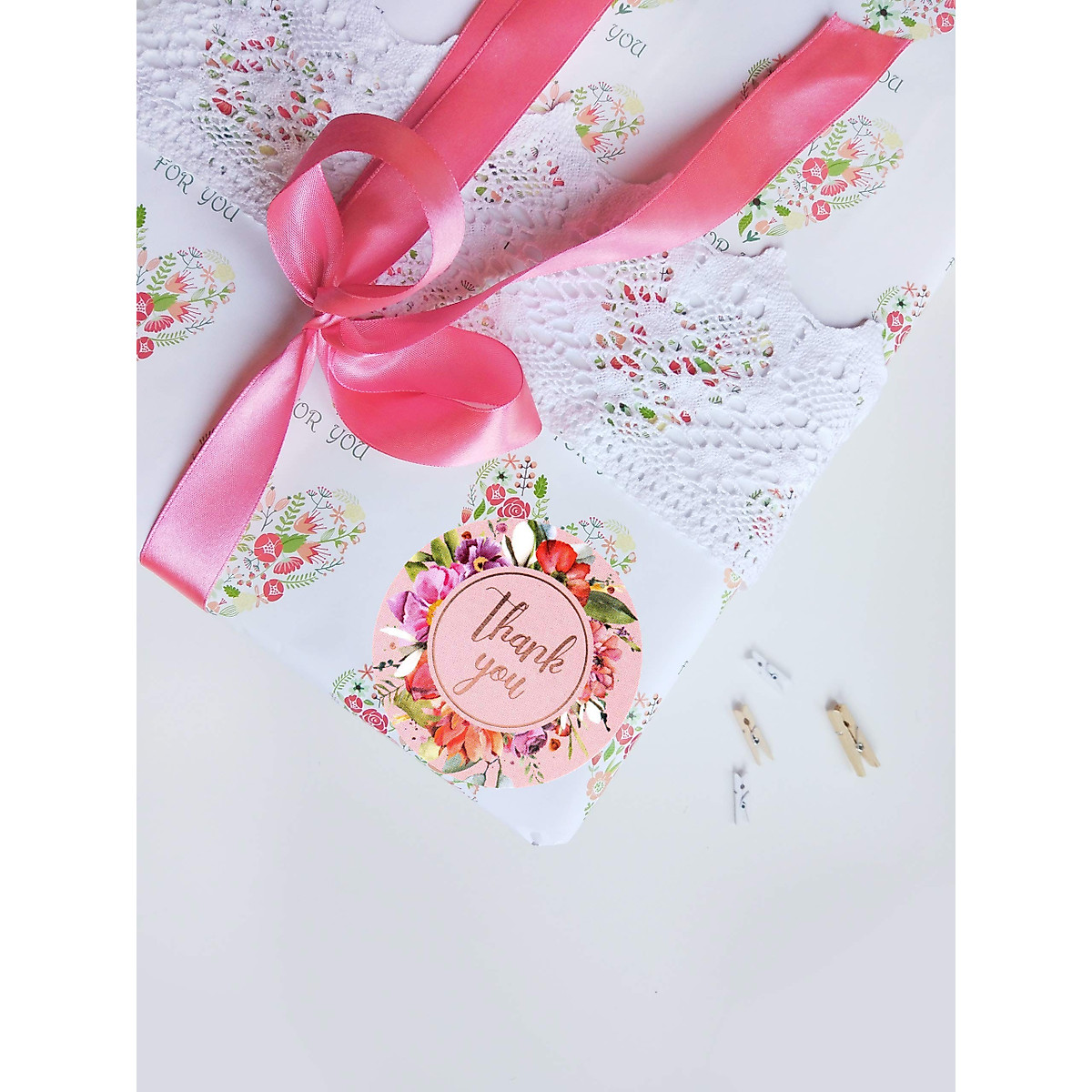 by Mich 1.5 Inch Thank You Stickers, Roll of 500 pc,3Designs |Thank You Stickers for Small Business, Wedding and Holiday |Pink, Black Thank You Labels with Greenery Boho Handwritten Rose Gold Font