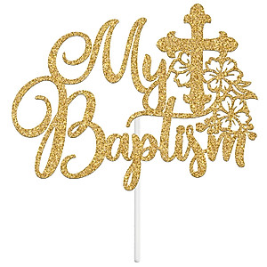 My Baptism Cake Topper, First Holy Communion,God Bless This Child, Bridal Shower/Wedding/Baptism/Christening Baby Shower Party Decorations, Gold Glitter