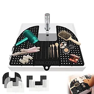 Bathroom Sink Cover for Counter Space Makeup, Foldable Silicone Sink Mat with Hanging Loop, 20.7" x 14.5" Black Heat Resistant Makeup Sink Cover Mat, Bathroom Sink Organizer Countertop for Space Saver