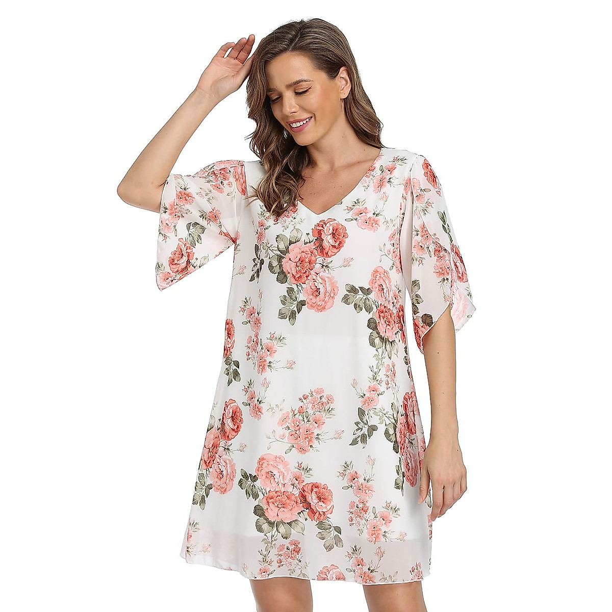 1stvital Women's Loose Chiffon Dresses Short V Neck Dress Cocktail Party Elegant Evening Dress Open Sleeve White&Red Floral,M Pink Flowers
