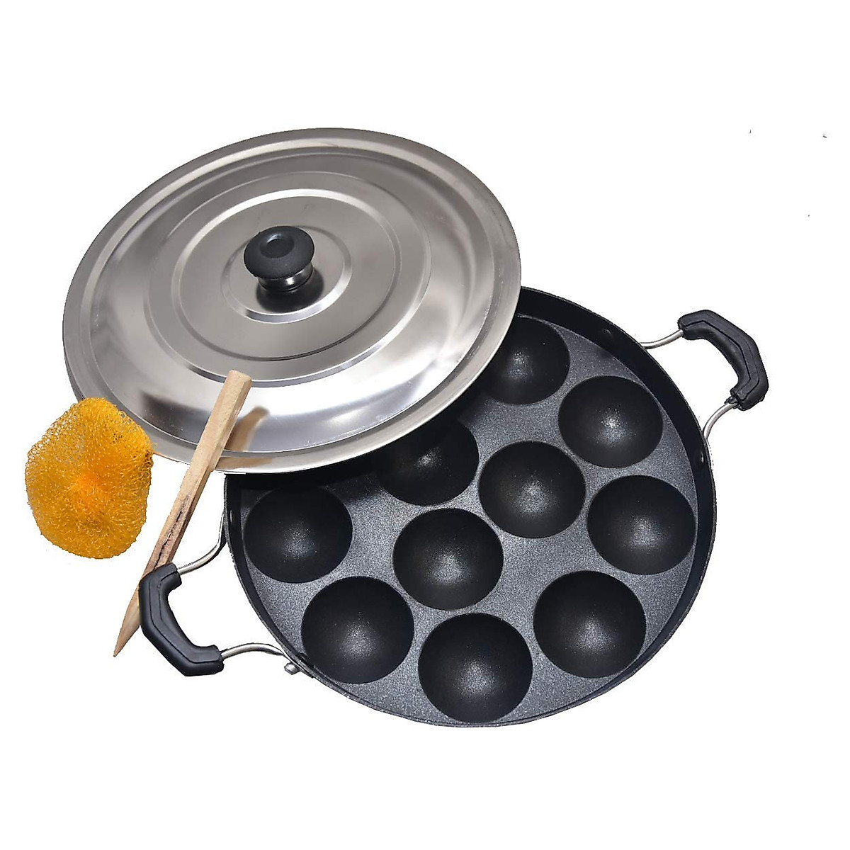 SRIYUG Non Stick Appam Maker 12 Cavity Appam Patra Pan with 2 Side Handle And Stainless Steel Lid