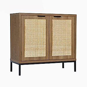 Anmytek Rustic Oak Accent Storage Cabinet with 2 Rattan Doors, Mid Century Natural Wood Sideboard Furniture for Living Room H0045