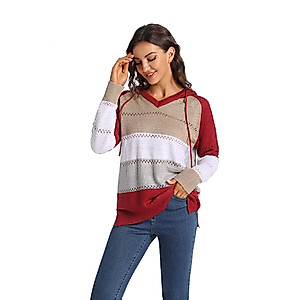 Vemodoo Women Hoodies Long Sweater Women's Color Block Knit Hoodies Sweaters V Neck Drawstring Lightweight Pullover Sweatshirts Red XX-Large