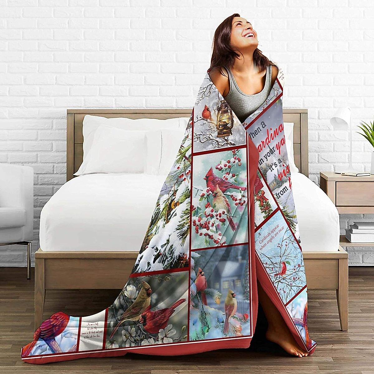 Socira Flannel Throw Blanket,Red Christmas Birds Patchwork Small Fleece Sofa Blanket,Comfy Camping Lap Blanket,Super Soft Thin Noon Break Blanket for Office Home Car 40''X50''