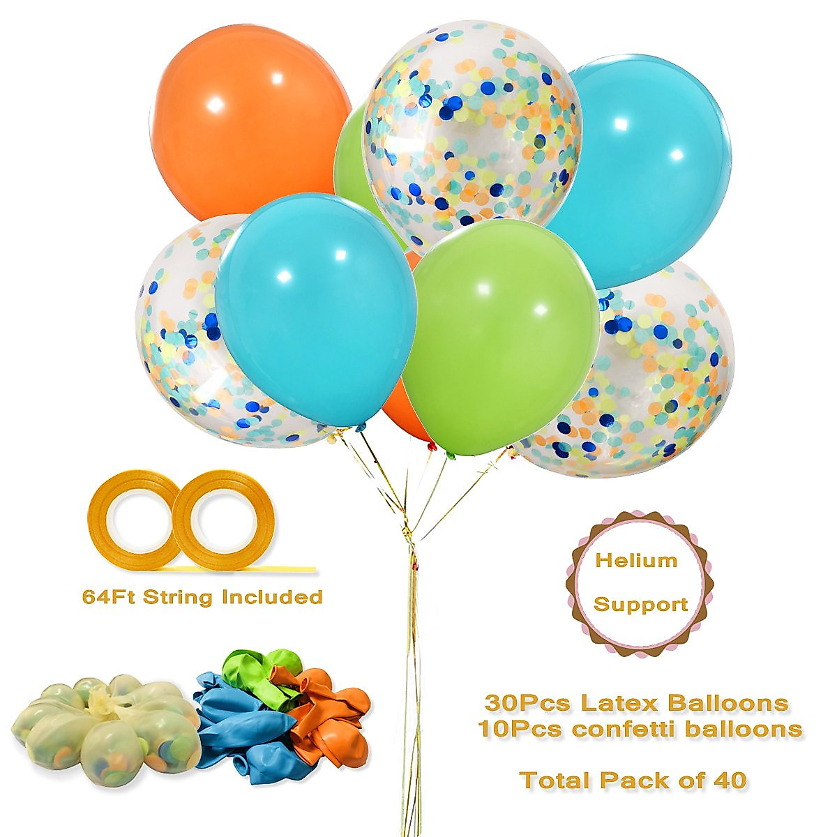 Dinosaur Balloons 40 Pack, 12 Inch Orange Light Blue Fruit Green Latex Balloons with Confetti Balloon for Baby Shower Dino Jungle Jurassic Birthday Party Decorations Supplies with Ribbon