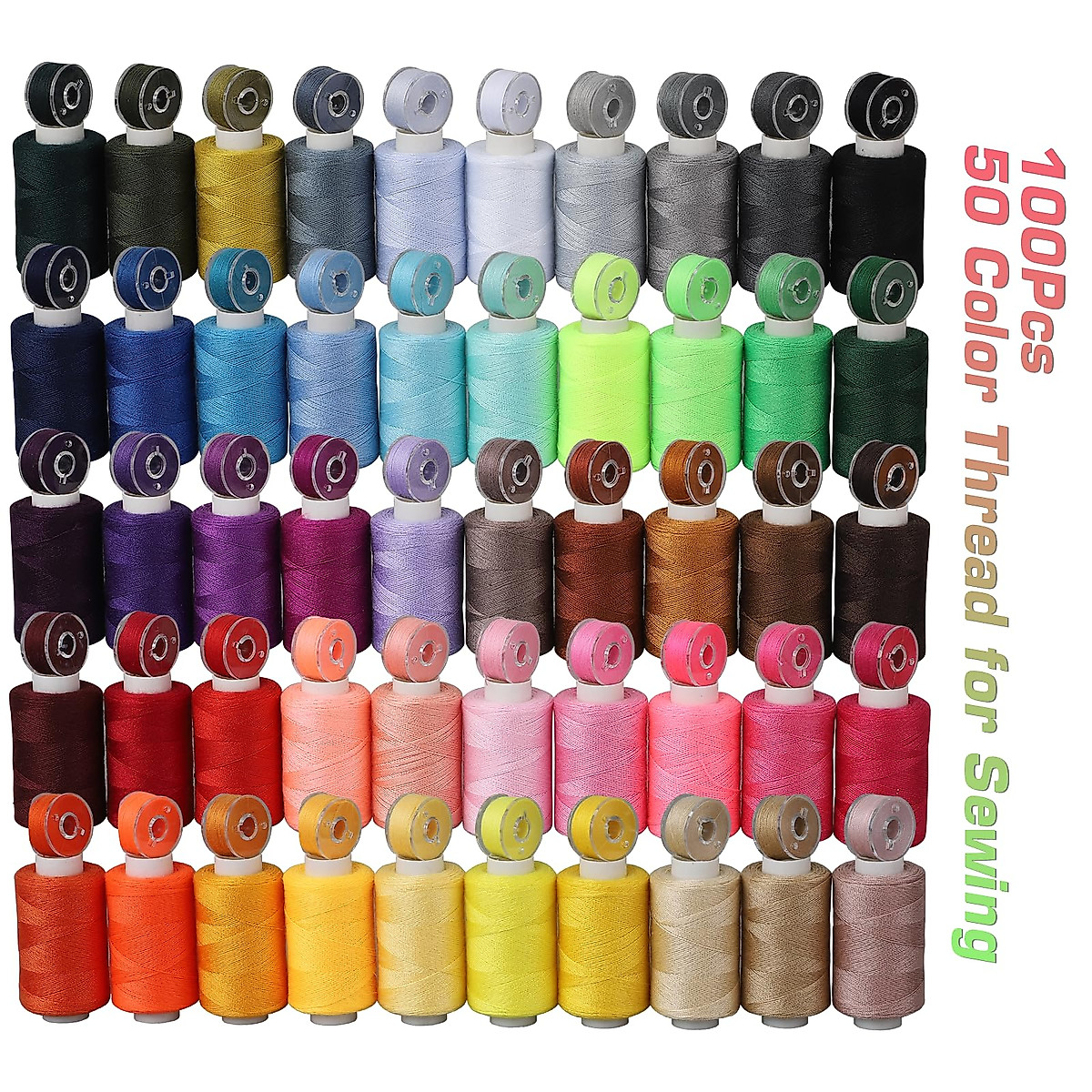 Blibly 100pcs Bobbins Sewing Threads Kit, 500 Yard Polyester Threads, Prewound Bobbins with Case, 50 Colors