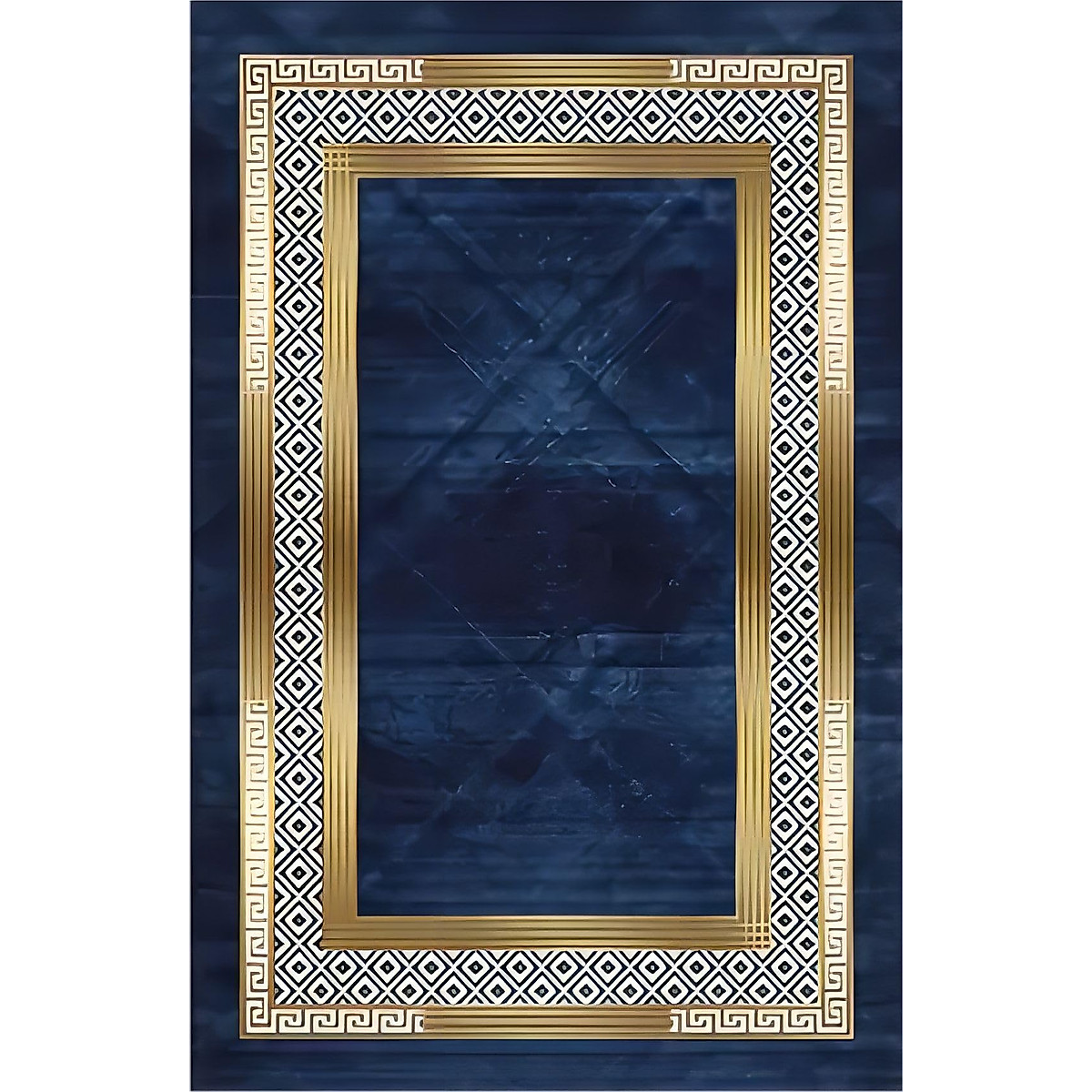 USHIRUG Premium Indoor Area Rug, 3x4ft, Contemporary Simple Geometric and Gold Border Design Navy Blue Rug, Non-Slip Non-Shedding Rug, Comfortable and Casual Living Room Bedroom Soft Rug