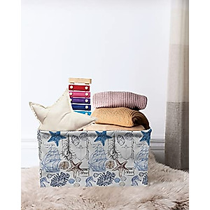 Storage Bins, Nautical Theme Marine Sail Boat Beach Starfish Shell Seashell Storage Baskets for Organizing Closet Shelves Clothes Decorative Fabric Baskets Large Storage Cubes with Handles