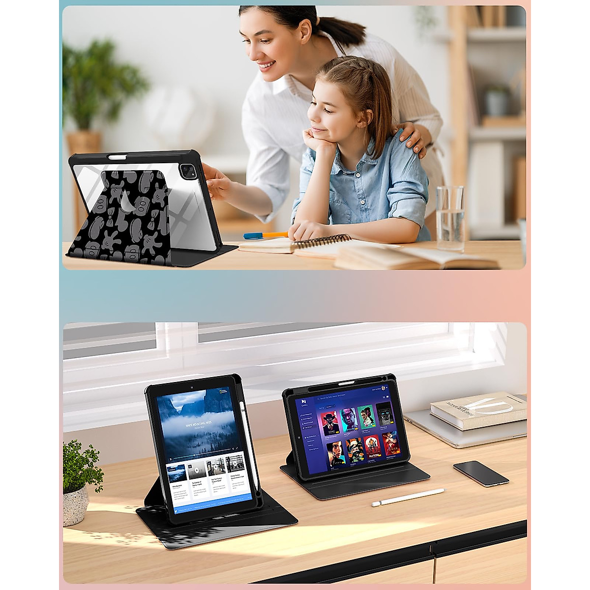 Trendy Fan for iPad Pro 12.9 Case 2022/2021/2020/2018 Case Cute Cartoon Kawaii for Girls Kids Girly Women Design Covers,360 Degree Rotating Folio Stand Pencil Holder for Apple i Pad 12.9 inch,Miqi