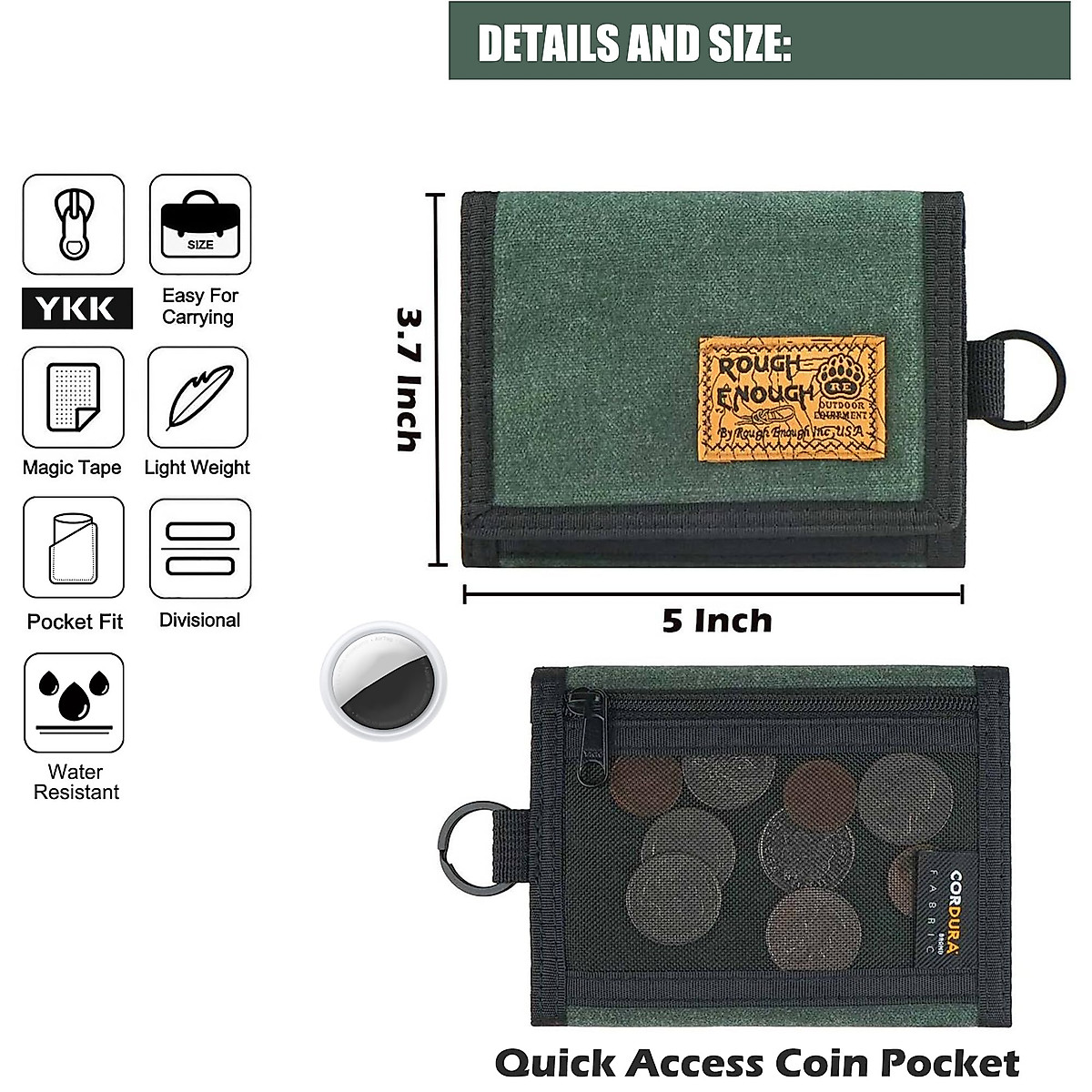 Rough Enough Boys Wallet for Teen Boys Kids Youth with Tactical Keychain Neck Lanyard Carabiner Army Green Canvas