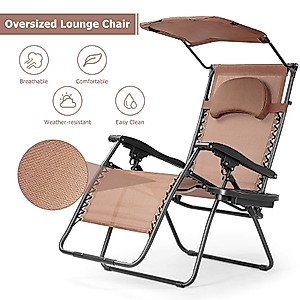HAPPYGRILL Zero Gravity Lounge Chair Folding Patio Recliner for Outdoor Beach Patio Poolside, Coffee