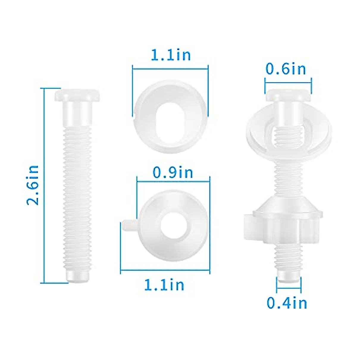 Canomo Toilet Seat Replacement Part Includes Plastic Toilet Seat Hinge Bolt Screws with Plastic Nuts and Washers for Fixing the Top Toilet Seat, White (8 Pieces), 2.56 Inches