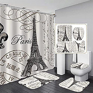 4Pcs Paris Eiffel Tower Shower Curtain Sets Bathroom Set Decor with Non-Slip Rugs Bath U-Shaped Mat Toilet Lid Cover Waterproof Vintage Word Art Bathroom Curtains Shower Set with 12 Hooks, 70.8×70.8