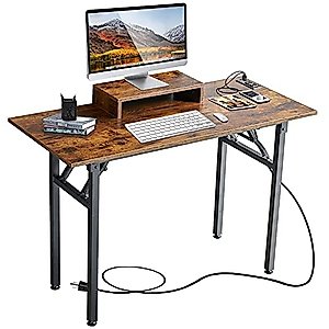 TEMI 43.3'' Computer Desk with Power Outlet and Monitor Riser Included, Home Office Writing Study Desk, Small Desk Workstation, Stable Metal Frame, Rustic Brown