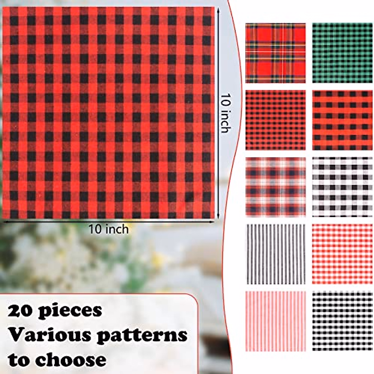ZYP 20 Pcs Christmas Cotton Fabric Squares, 10 x 10 Inch Christmas Plaid Buffalo Check Fabric Precut Scraps for Christmas DIY Craft Sewing Quilting