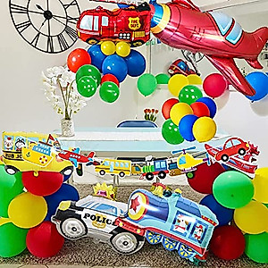 Transportation Party Decorations for Boys, 49PCS Construction Happy Birthday Supplies Vehicle Traffic Theme Baby Shower Red Green Blue Garland Kit for 2nd 1st with Car Plane Train Police Balloon Banner