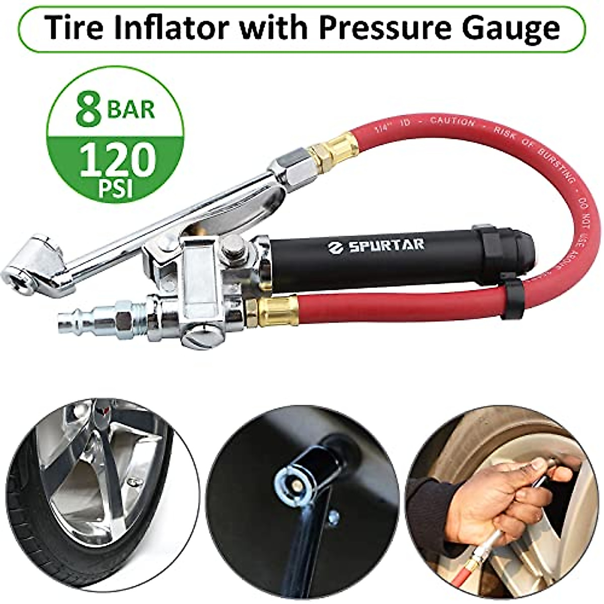 Spurtar 10-120 PSI Heavy Duty Tire Inflator Gauge Air Chuck with Pressure Gauge with 4 Way Tool and Valve Cores Tire Pressure Gauge with Inflator 12" Air Hose for Car Automotive Truck