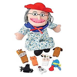 Constructive Playthings Plush "Old Lady" Doll and Animal Finger Puppet Props Set for "There Was An Old Lady Who Live Swallowed a Fly" Children's Book, For Kids Ages 3+