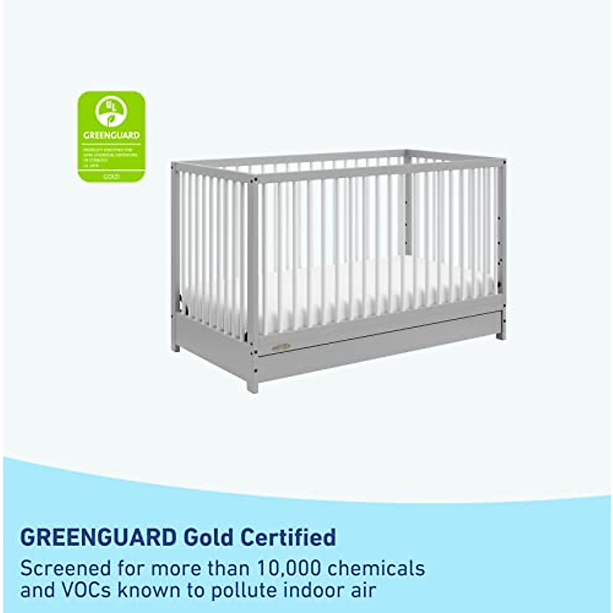 Graco Teddi 5-in-1 Convertible Crib with Drawer (Pebble Gray with White) – GREENGUARD Gold Certified, Crib with Drawer Combo, Full-Size Nursery Storage Drawer, Converts to Toddler Bed, Full-Size Bed