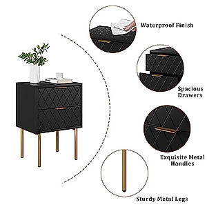 Aobafuir Night Stand, Modern Nightstand with Drawers, End Tables Living Room, Small Gold Side Table for Bedroom, Bedside Furniture (12-Black Diamond, 2 Drawer)