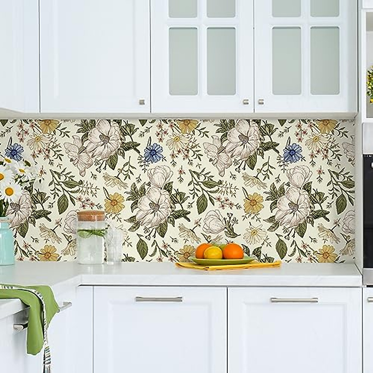 VEELIKE 17.7"×118.1" Floral Peel and Stick Wallpaper Vintage Peony Daisy Floral Wallpaper Self Adhesive Removable Floral Contact Paper Decorative Vinyl for Bedroom Walls Cabinets Shelves Nursery