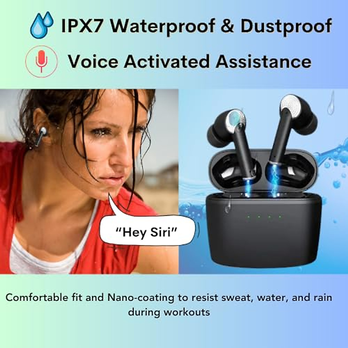 Wireless Earbuds,IPX7 Sweat Resistance Earphones-42 Hours Playtime Bluetooth Headphones with Charging Case Noise Cancelling Black Earbud for Gym,Sport| for Android & iPhone