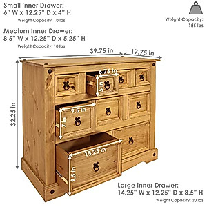 Sunnydaze 39.75-Inch W Solid Pine 9-Drawer Chest of Drawers - For Living or Dining Room - Light Brown