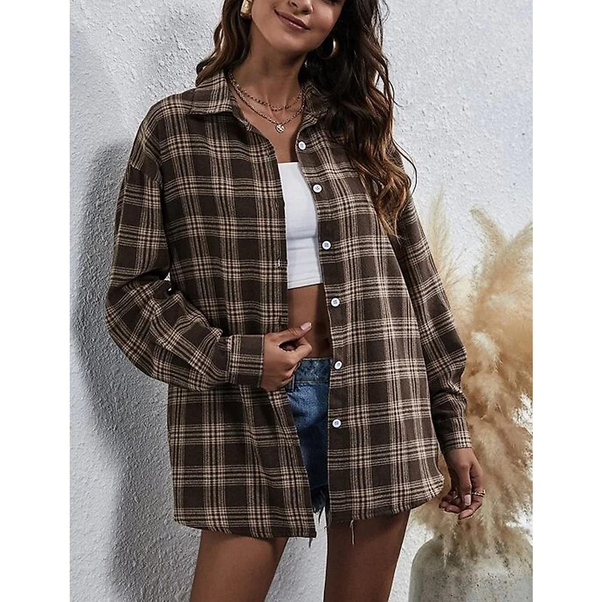 HangNiFang Flannel Shirts for Women Oversized Coffee Plaid Shirts Blouse Tops(0368-Coffee-M)