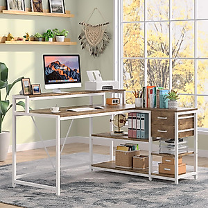Tribesigns Reversible 55-inch L Shaped Desk with Drawer, Modern L Corner Desk Home Office Table with Storage Shelves and Monitor Stand, Rustic Wooden and Metal PC Table for Small Space (Oak)