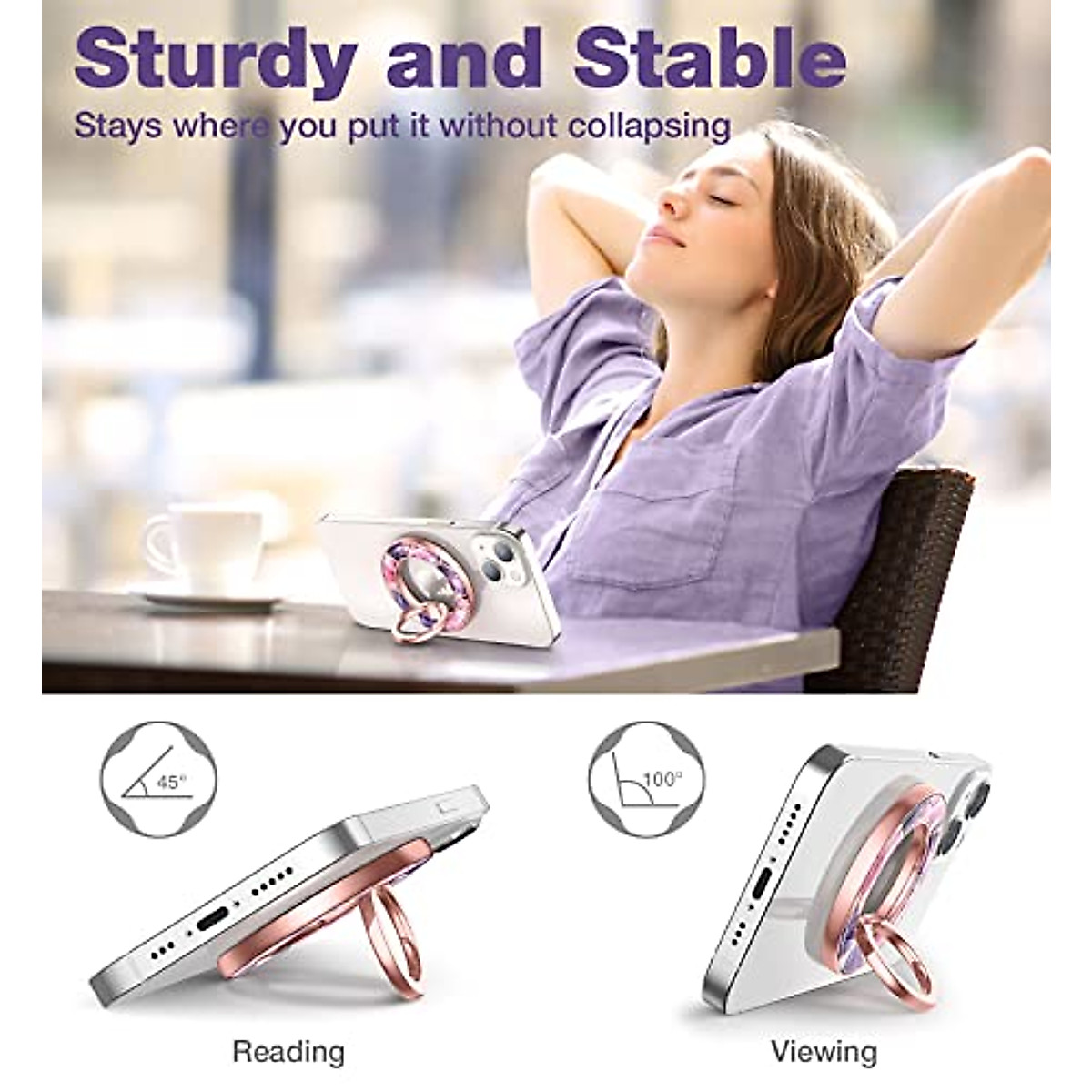 SURITCH Magnetic Cell Phone Ring Holder Grip for iPhone 14/13/12(pro, pro max, Plus, Mini), Finger Grip Folding Adjustable Kickstand for All Magsafe iPhone-Compatibles, Lavender