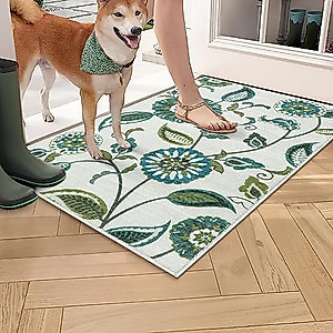 KIMODE Floral Door Mat 24''x36'', Washable Non-Slip Entryway Rugs Indoor,Front Indoor Doormat,Low-Pile Distressed Plant Print Throw Rug for Entrance/Kitchen/Hallway/High Traffic Areas