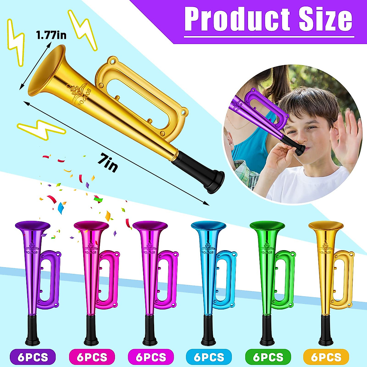 36 Pcs Plastic Trumpet Kids Noise Toys Play Metallic Trumpet Mini Shiny Blow Horn Trumpet Noise Makers Toy Plastic Colors Musical Instruments for New Year Birthday Graduation Party Favors, 6 Inch