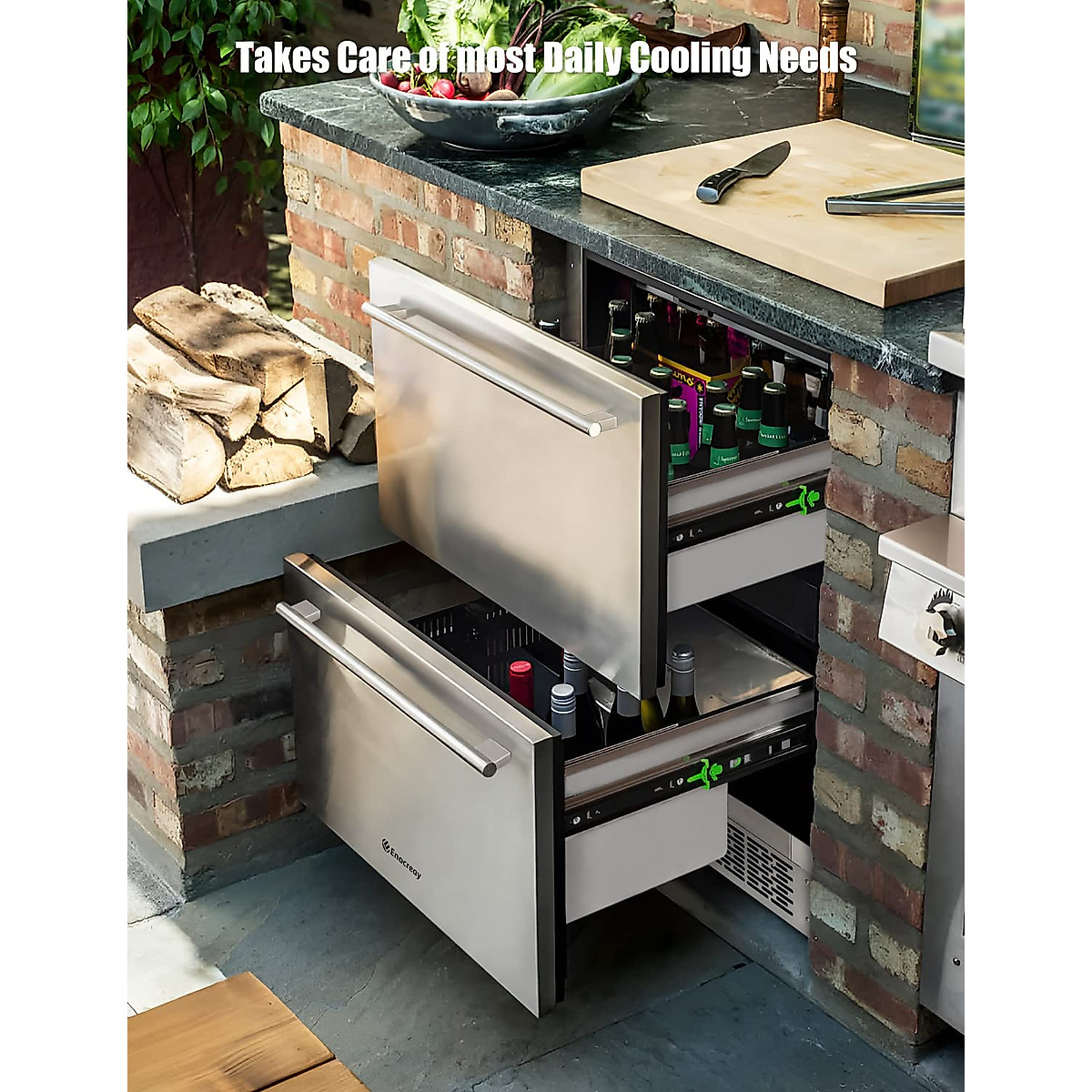 Enocreay Outdoor Drawer Refrigerator, Built-In Under Counter Drawer Fridge Beverage Cooler with Stainless Steel Door, 185 Cans Capacity with Drink Dispenser for Island Kitchen Home Bar