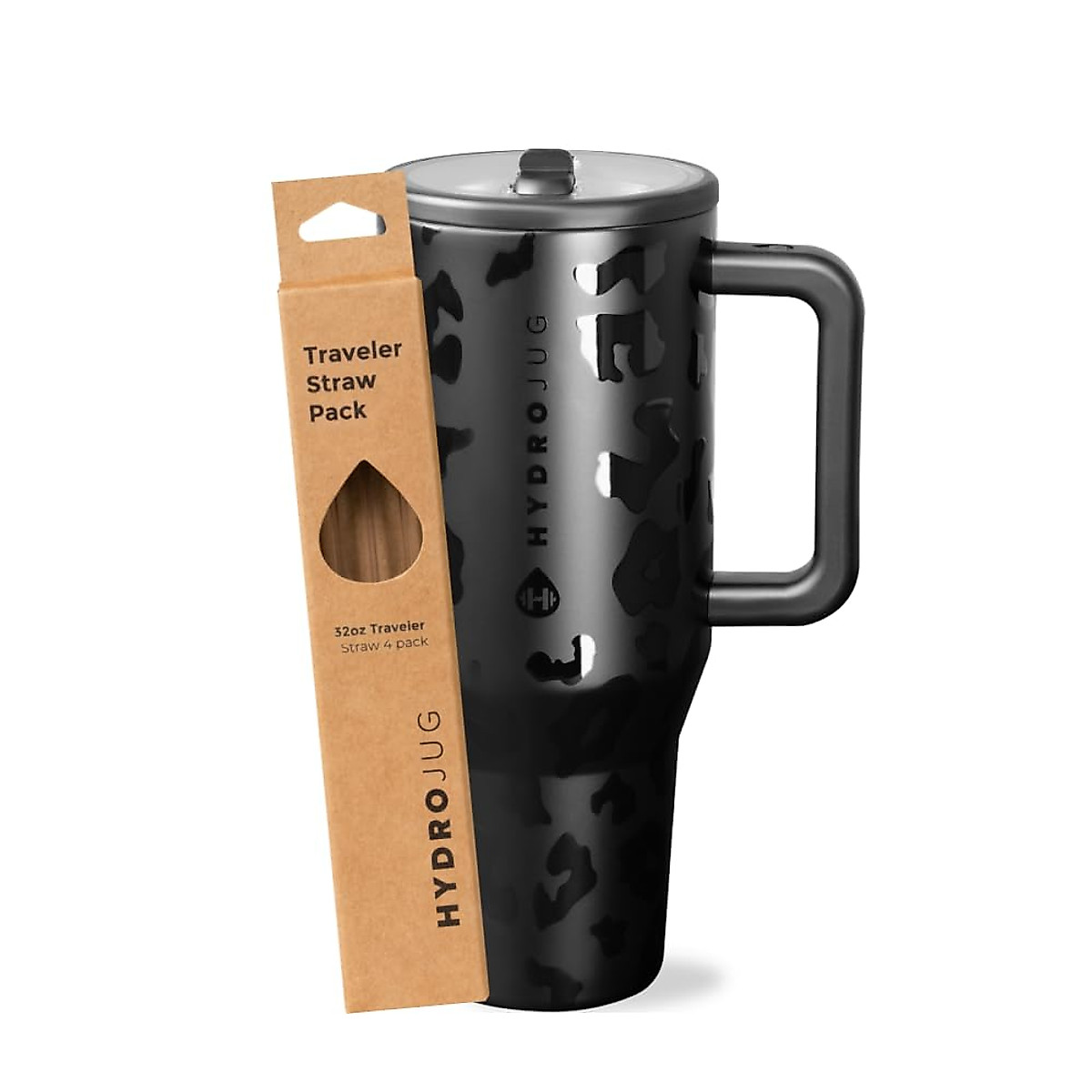 HydroJug Black Leopard 32oz Traveler + Replacement Straws