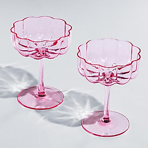 Flower Vintage Wavy Petals Wave Glass Coupes 7oz Colorful Cocktail, - Set of 2 - Rippled & Champagne Glasses, Prosecco, Martini, Mimosa, Cocktail Set, Bar Glassware Copyright & Patent Pending (Pink)