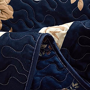 LAMEJOR Quilt Set Queen Size Retro Floral Pattern Medallion Style 3-Piece Reversible Luxury Soft Comforter Set Bedspread Coverlet Set Microfiber Dark Blue