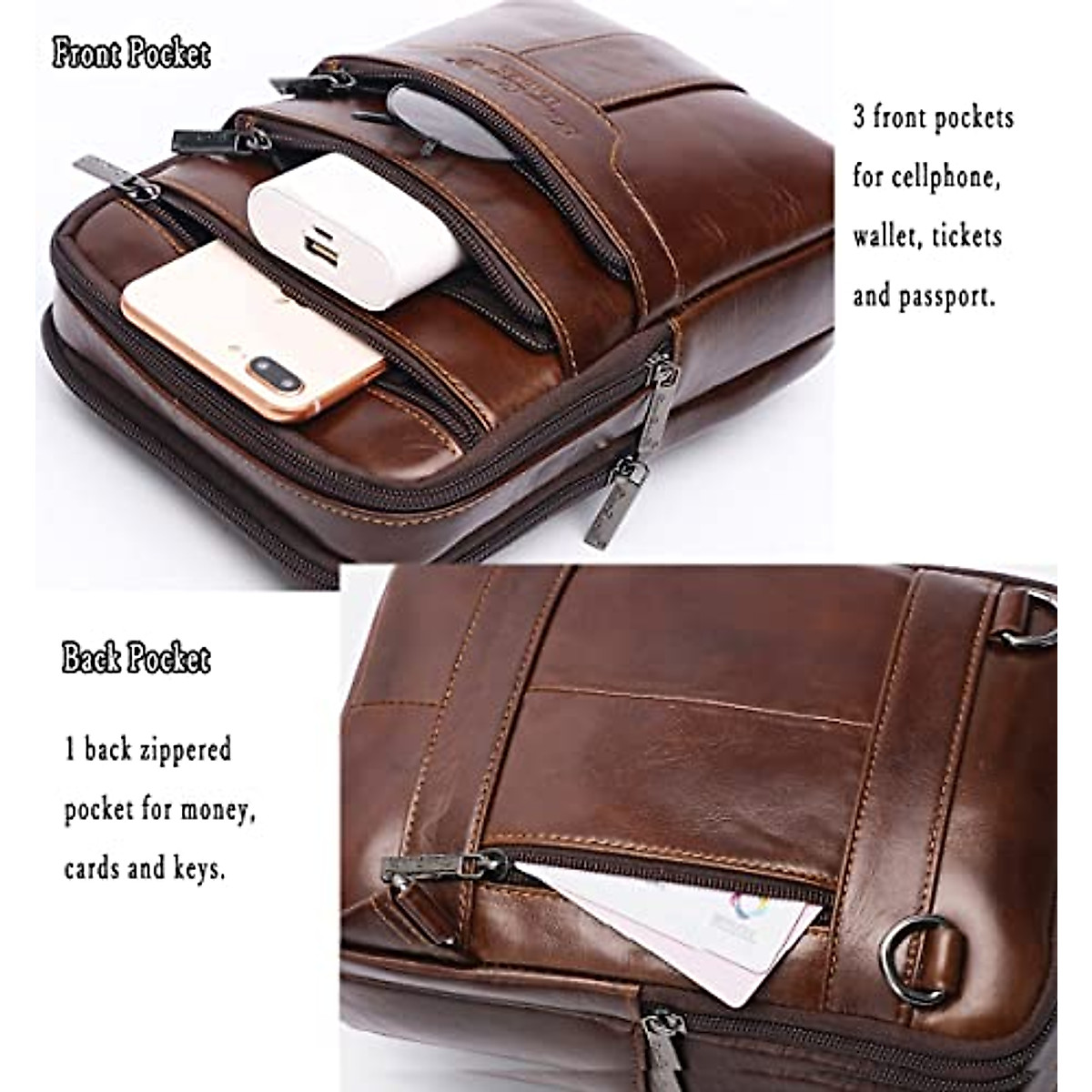 Cow Genuine Leather Sling Bag Outdoor Camping Crossbody Shoulder Chest Daypack 1-Brown