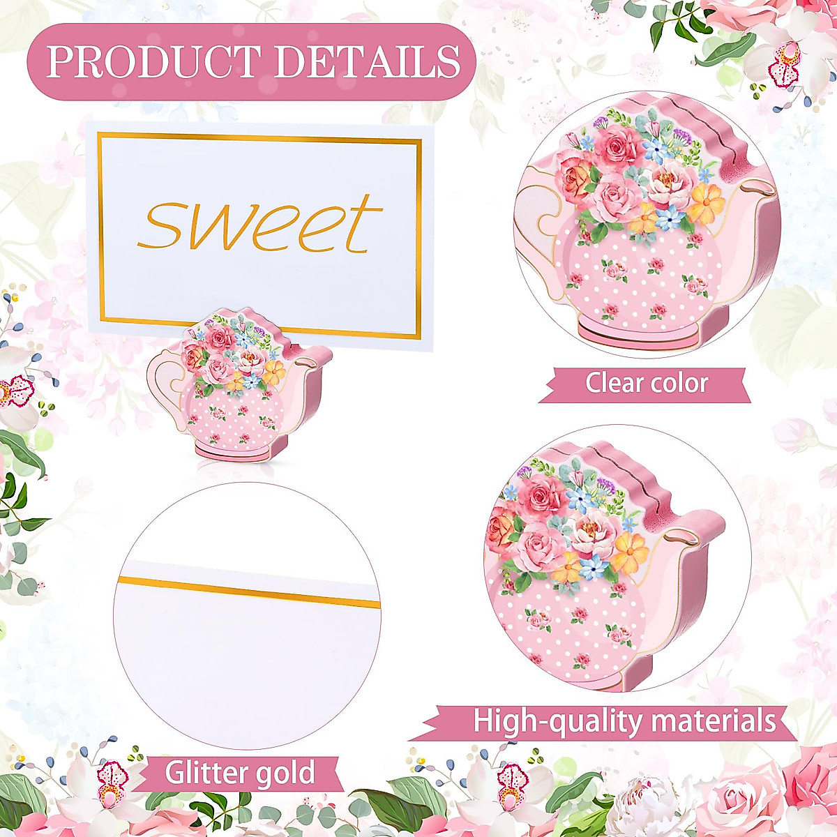 Kigley 18 Pcs Teapot Wooden Place Card Holder with 25 Pcs Gold Foil Card Tea Floral Party Wooden Table Sign Teapot Picture Number Sign Stands Holder for Wonderland Tea Party Baby Shower (Stylish)