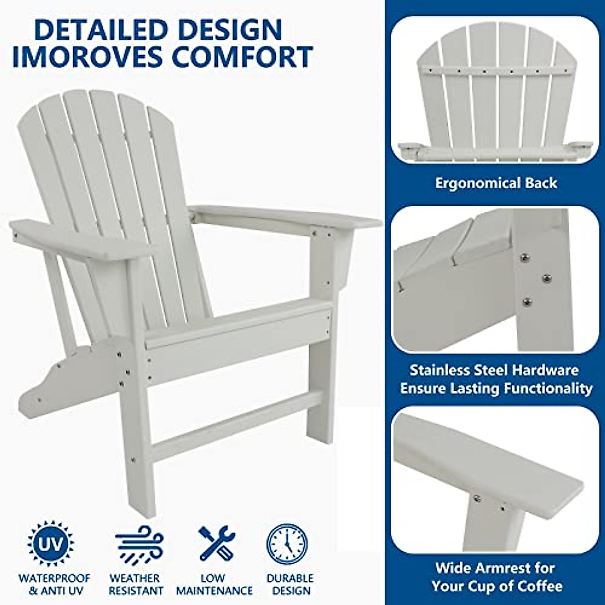 PIZATO Modern Adirondack Chair, HDPE Material Weather Resistant Not Fade & Crack Composite Adirondack Chairs Fire Pit Chairs for Backyard Garden Lawn Porch, White