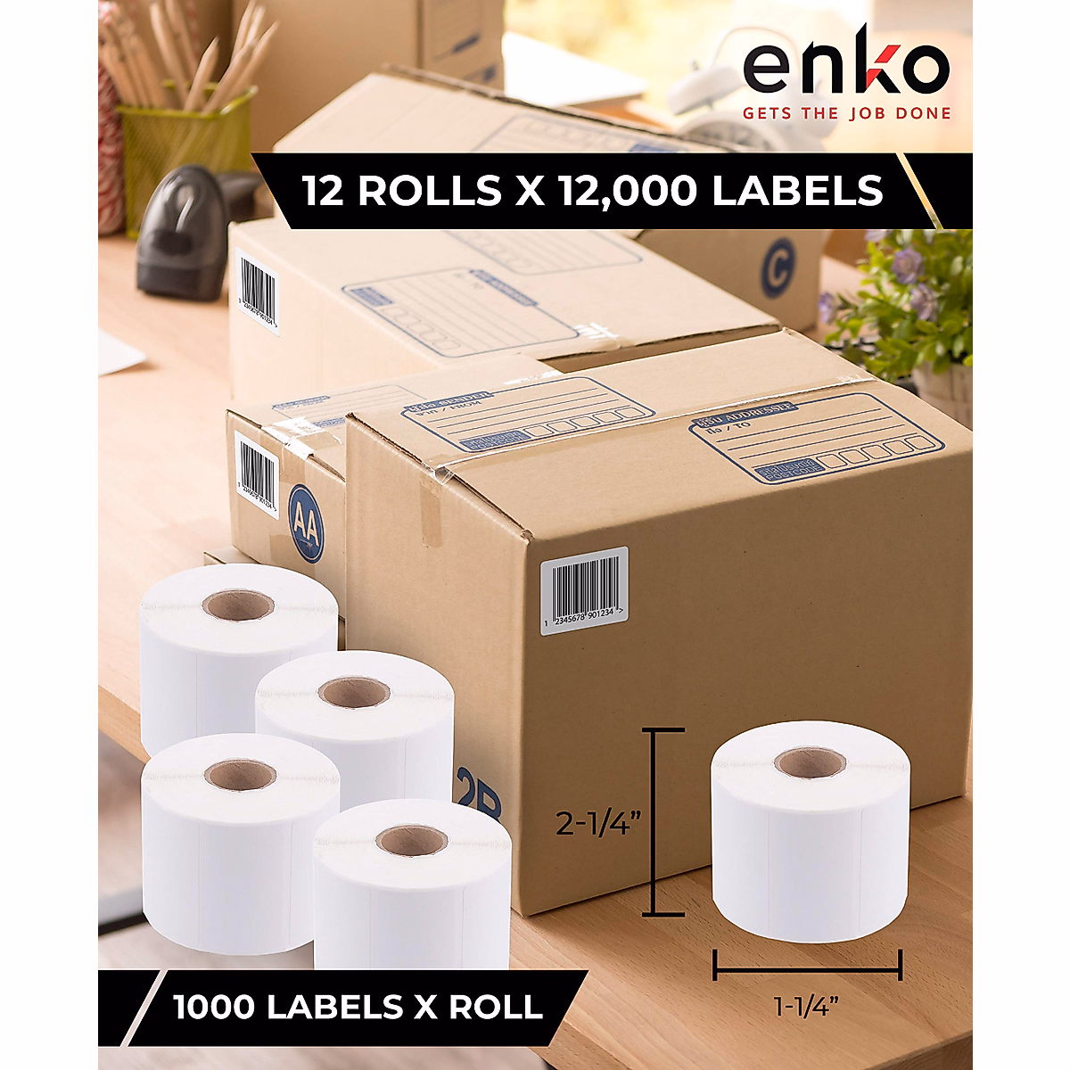 enKo Direct Thermal Labels 2-1/4 x 1-1/4 inches (12 Rolls, 12,000 Labels) Perforated Thermal Stickers for Address Mailing, Barcode, FBA Stickers, FNSKU Labels for Zebra, Rollo, Eltron Printer