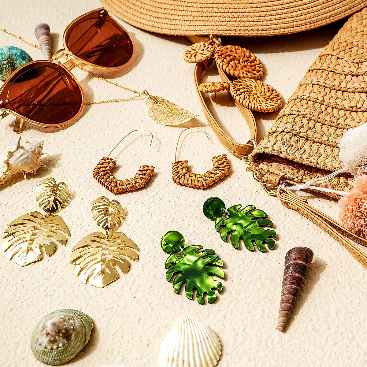 Jiuguva Shoulder Bag Crossbody Bag Women's Sun Straw Hat Retro Round Sunglasses Long Leaf Pendant Dangle Necklace 4 Pairs Bohemian Acrylic Rattan Metal Earrings Jewelry Set(Rustic Style)