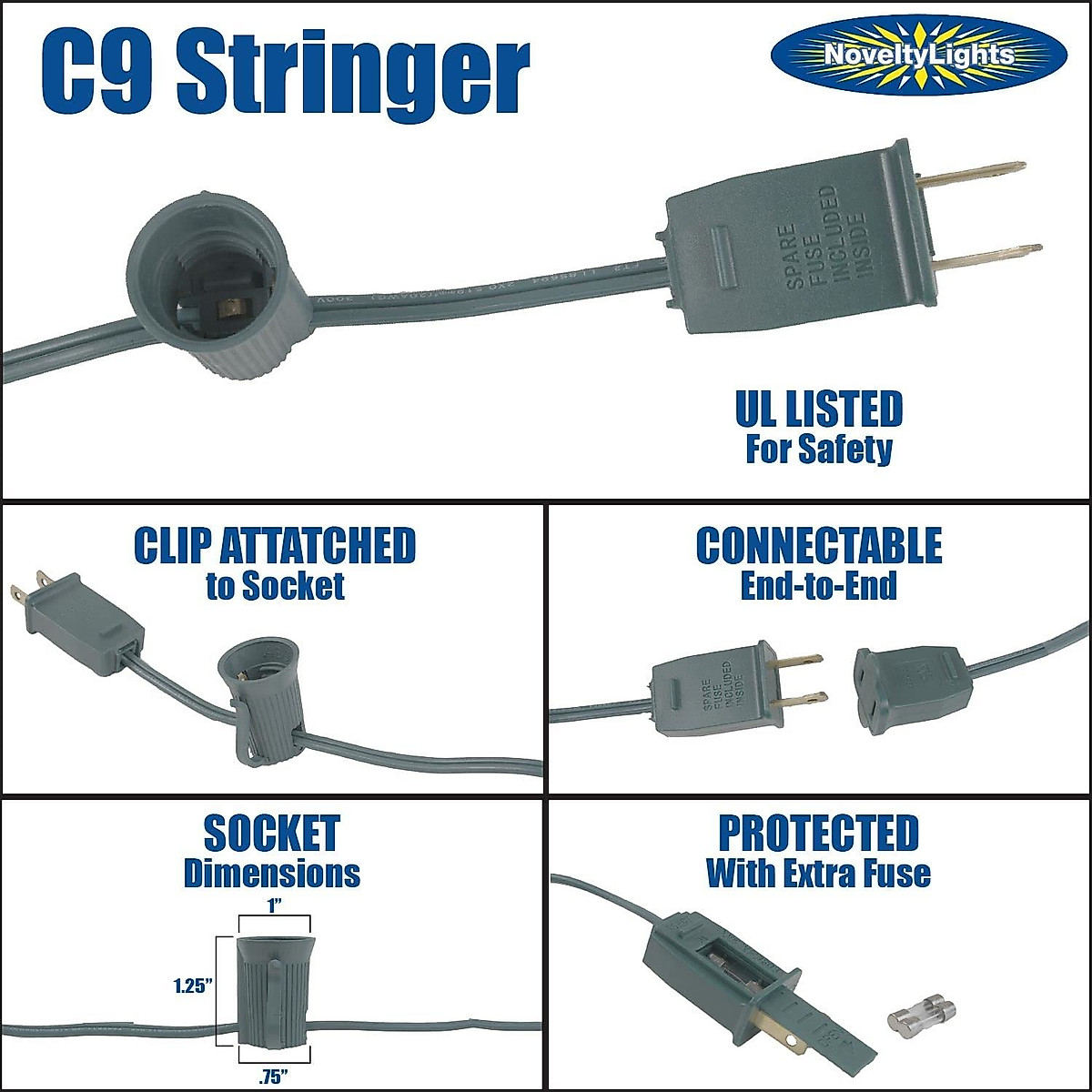 C9 Teal Christmas String Light Set - Outdoor Christmas Light String - Hanging Christmas Lights - Roofline Light String - Outdoor Patio String Lights - Green Wire - 25 Foot