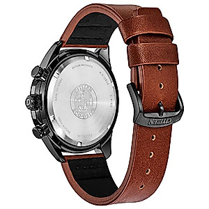 Citizen Men's Eco-Drive Weekender Chronograph Watch in Black IP Stainless Steel with Brown Leather strap, Black Dial (Model: AT2447-01E)