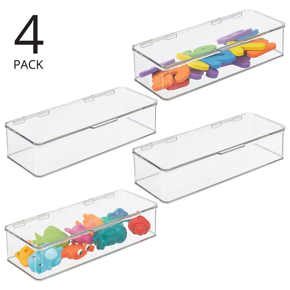 mDesign Plastic Playroom and Gaming Storage Organizer Box Containers with Hinged Lid for Shelves or Cubbies, Holds Small Toys, Building Blocks, Puzzles, Markers, Controllers, or Crayons, 4 Pack, Clear