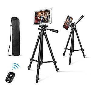 Aureday Phone Tripod, 50” Extendable Adjustable Smartphone & Tablet Tripod Stand with Phone Holder Mount & Remote, Compatible with Tablet/Cell Phone/Camera