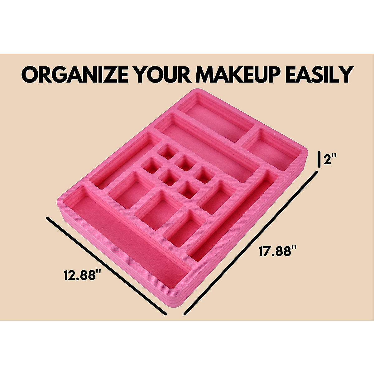 Polar Whale 2 Makeup Pink Drawer Organizers Tray Washable Waterproof Durable Foam Insert for Home Bathroom Bedroom Office 12.9 x 17.9 Inches 16 Compartments for Lipstick Eyeliner Cosmetics and More