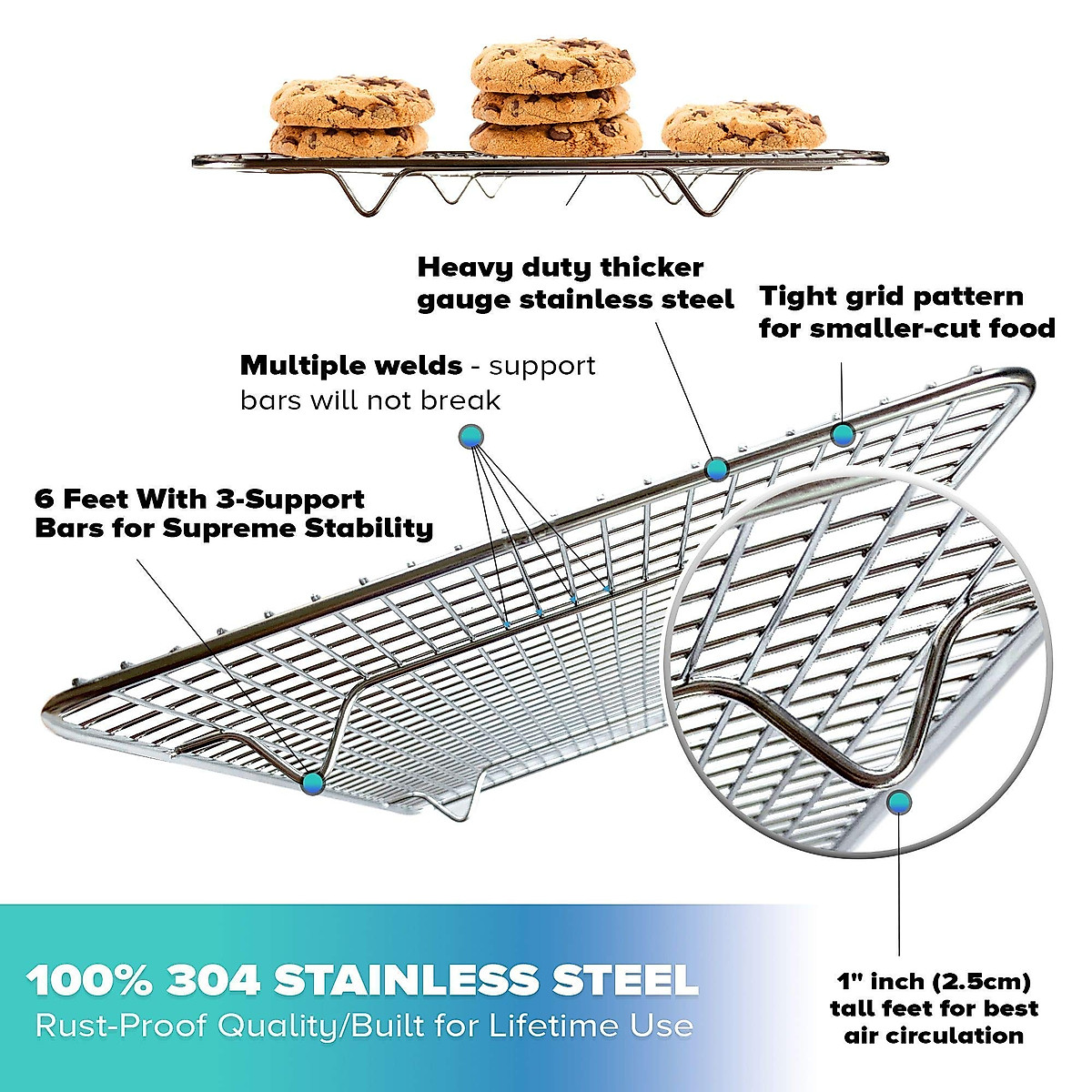 3 Pack Stainless Steel Wire Cooling, Baking, Roasting Rack with Aluminum Cookie Pan Tray Set- Heavy Duty, Commercial Quality - (1 Half Sheet, 1 Jelly Roll & 1 Quarter Sheet Pan Rack Sets)
